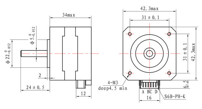 【42SHD0001】2 Phase NEMA 17 1.8 deg 26N.cm 0.4A 12V DC 34mm 4 Wires Bipolar Stepper Motor